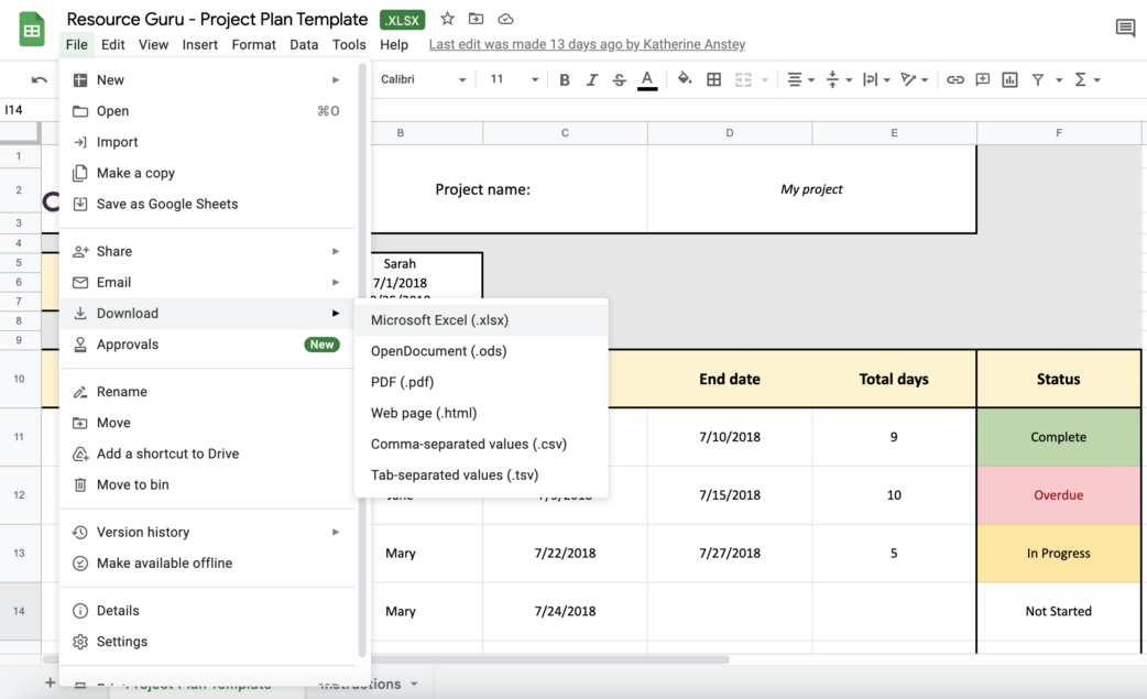 Free project plan template for Excel
