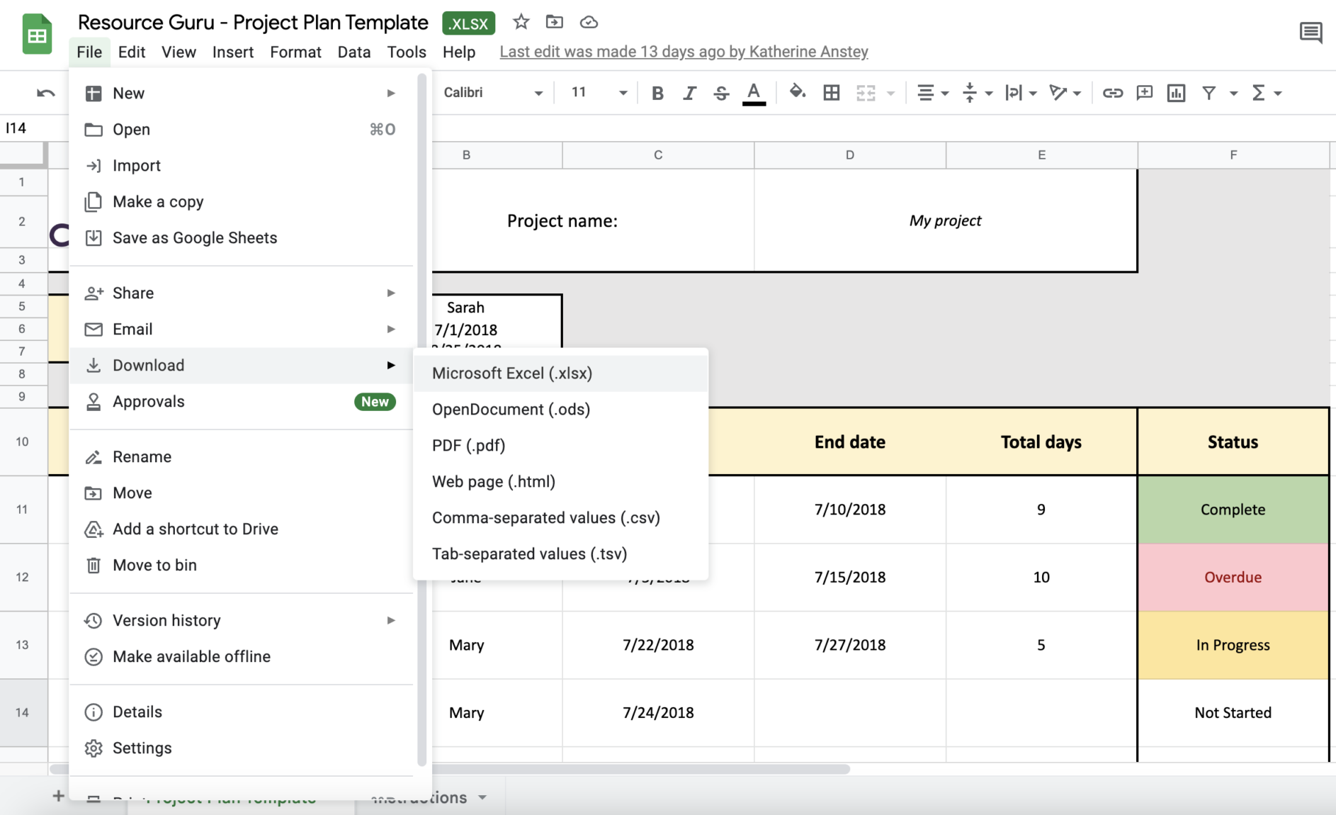 Free project plan template for Excel
