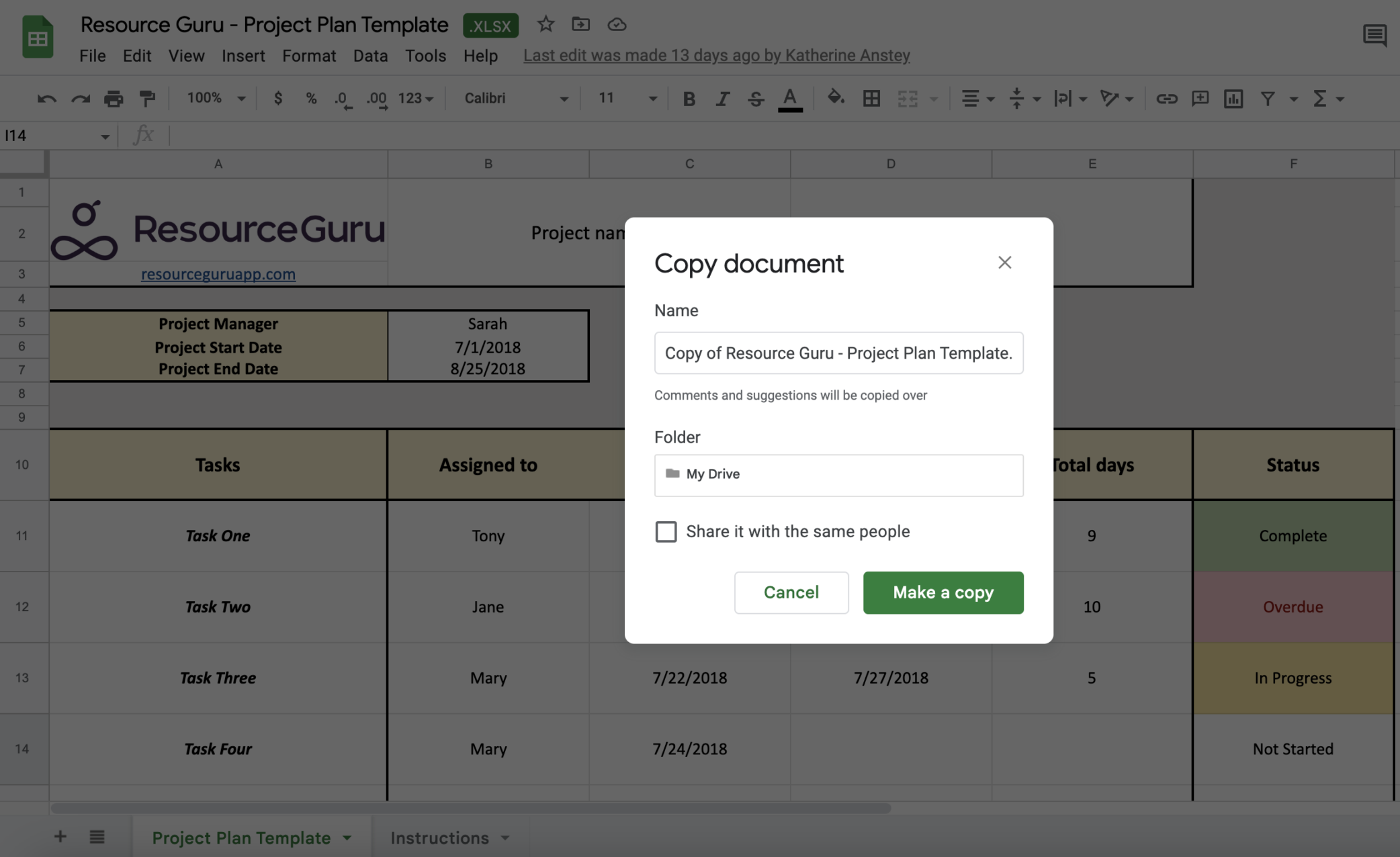Free project plan template for Excel
