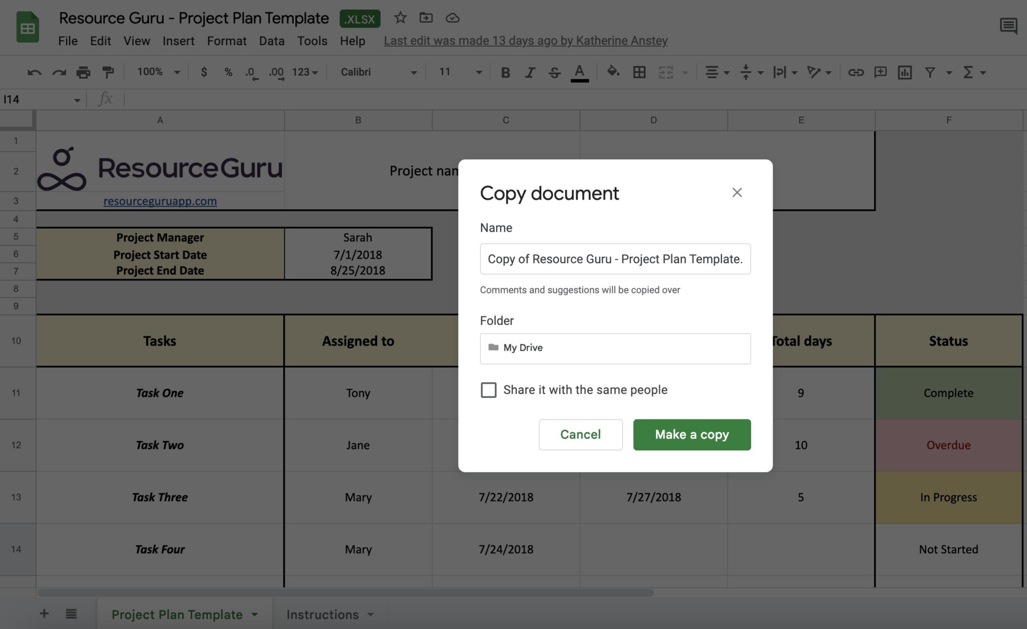 Free project plan template for Excel