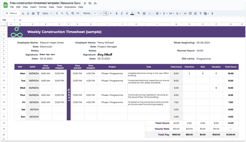 Construction timesheet template: Free and printable