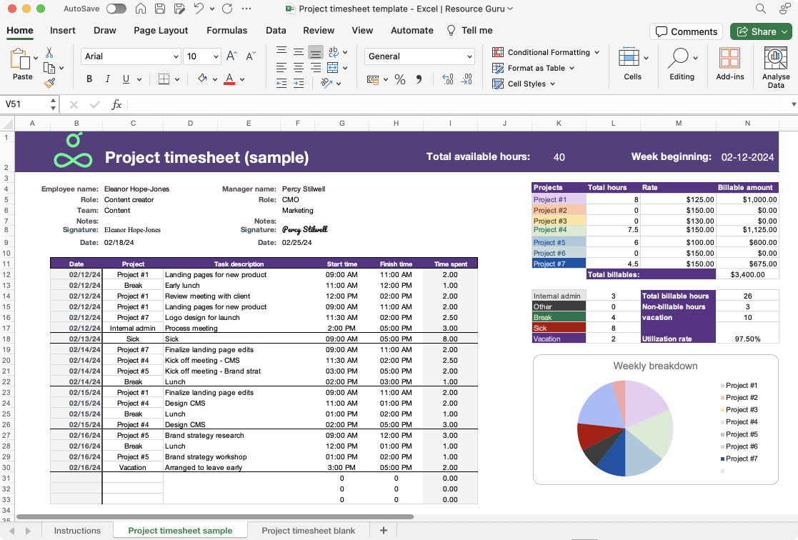 Project and project management timesheet templates