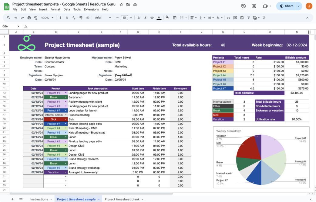 Project and project management timesheet templates